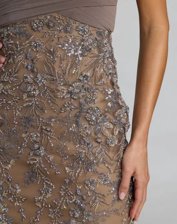 Mac Duggal Beige Jersey Wrap Top Floral Sequin Gown