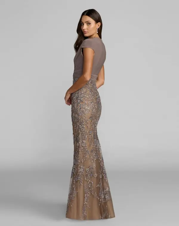 Mac Duggal Beige Jersey Wrap Top Floral Sequin Gown