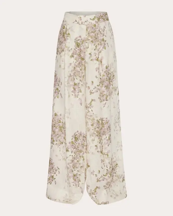 LIA COHEN Floral Linen Pleated Wide-leg Pants