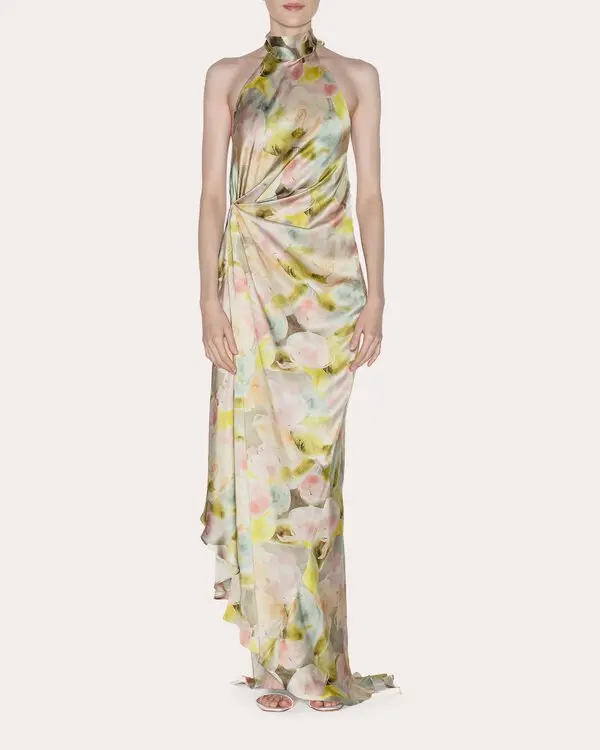 LIA COHEN Ethereal Floral Silk Draped Halter Gown - Multicolor