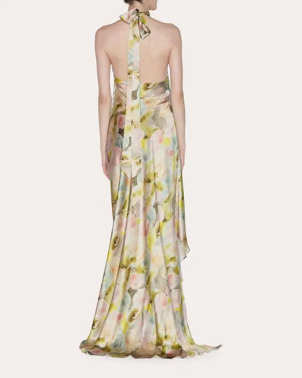 LIA COHEN Ethereal Floral Silk Draped Halter Gown