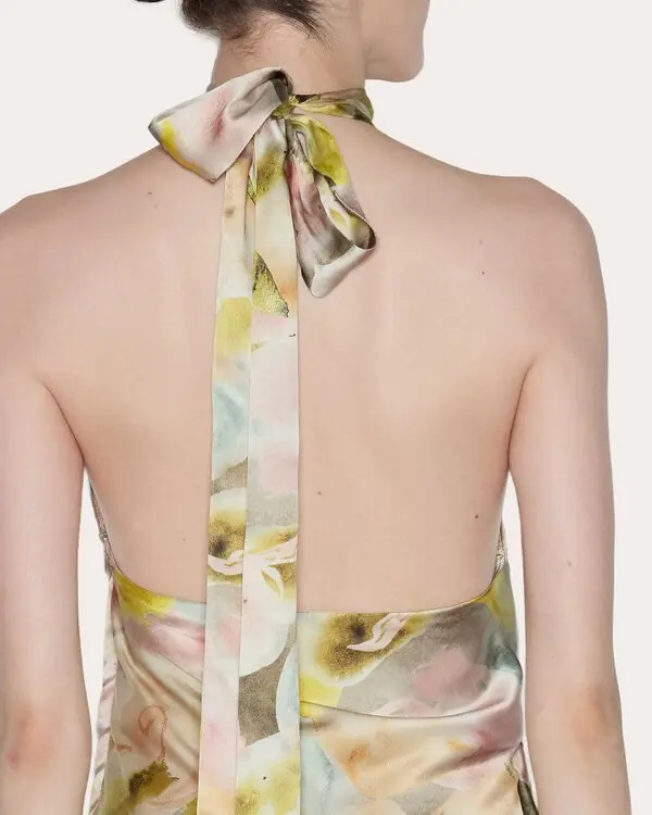 LIA COHEN Ethereal Floral Silk Draped Halter Gown