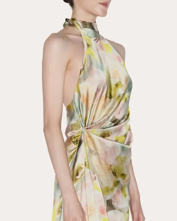 LIA COHEN Ethereal Floral Silk Draped Halter Gown