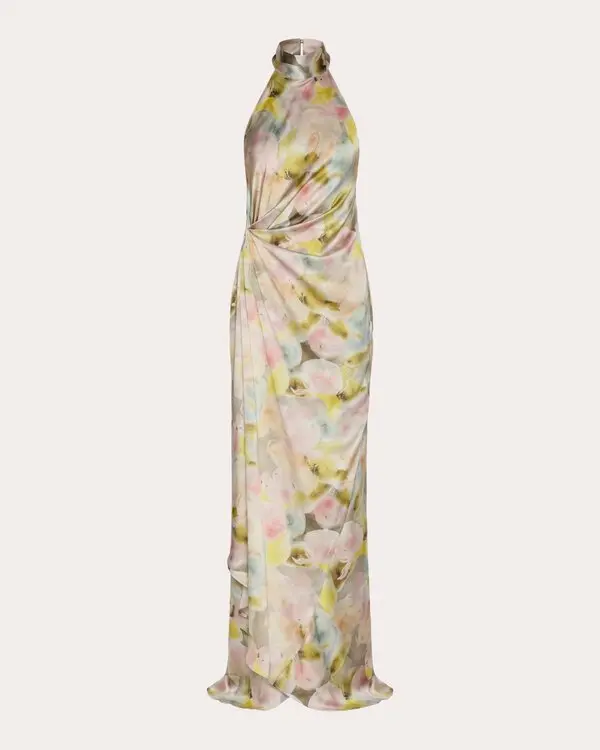 LIA COHEN Ethereal Floral Silk Draped Halter Gown