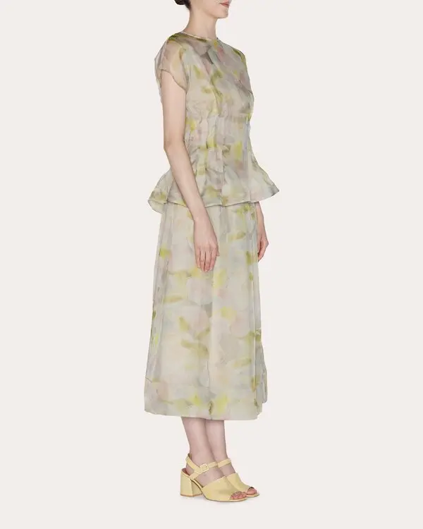 LIA COHEN Essence Floral Silk Organza Pleated Top