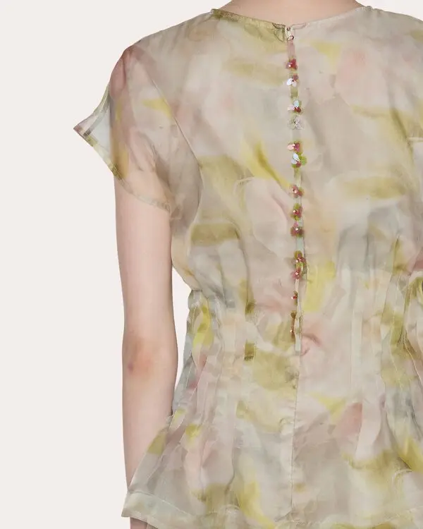 LIA COHEN Essence Floral Silk Organza Pleated Top
