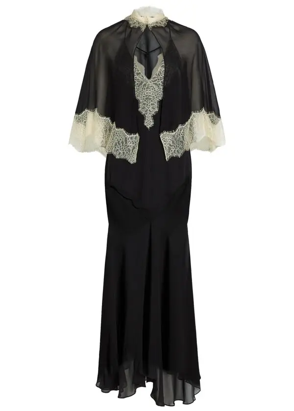 DE LA VALI Cape Effect Lace Trimmed Chiffon Maxi Dress - Black