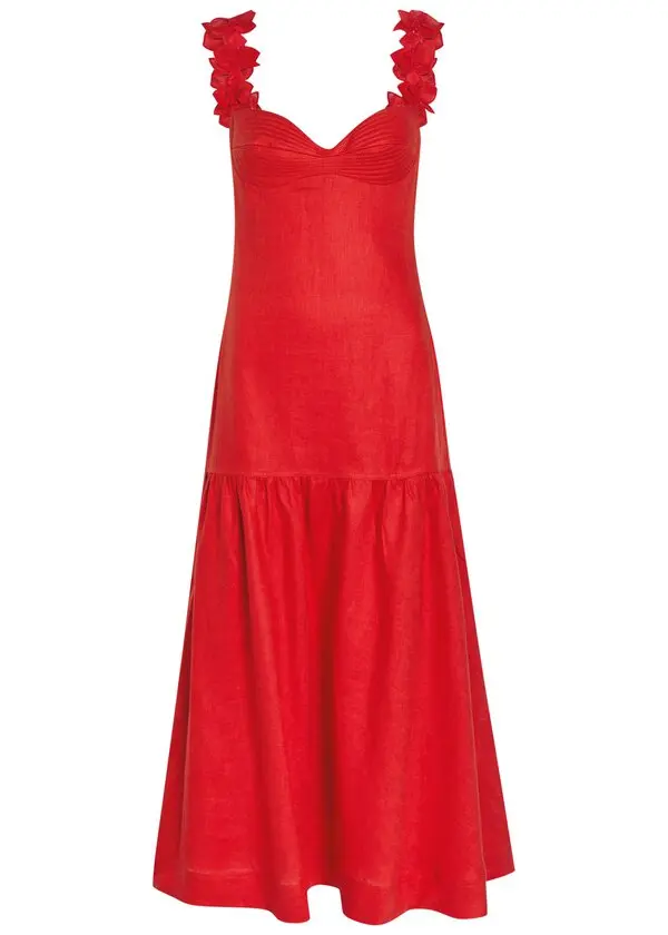 ANDRES OTALORA Floral Appliqué Sweetheart Neck Linen Midi Dress - Red