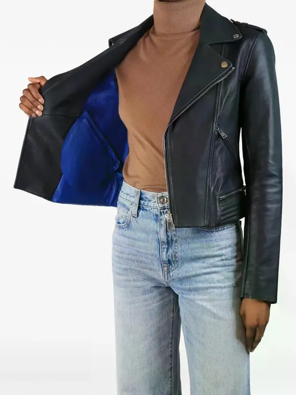 Maje Navy Leather Biker Jacket