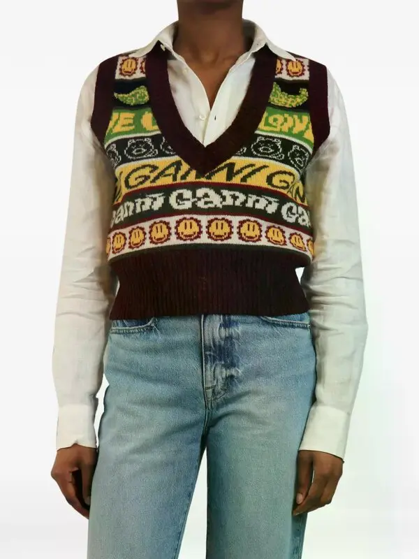 GANNI Burgundy Knit Smiley Face Vest