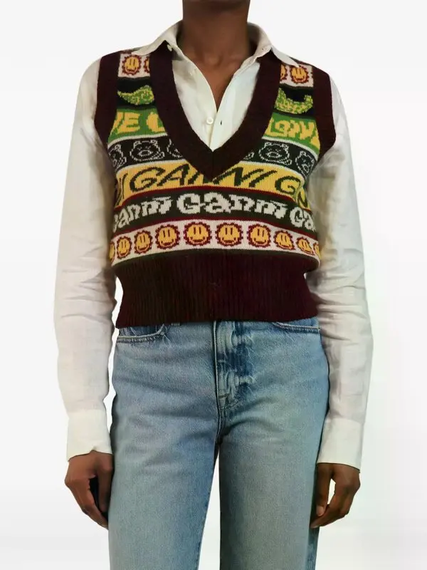 GANNI Burgundy Knit Smiley Face Vest