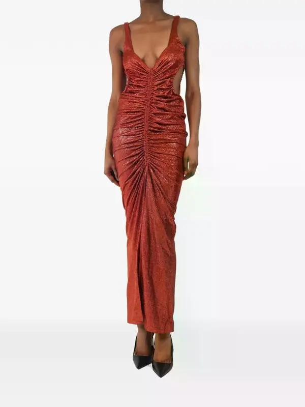 Galvan Orange Glittered Ruched V-neck Dress