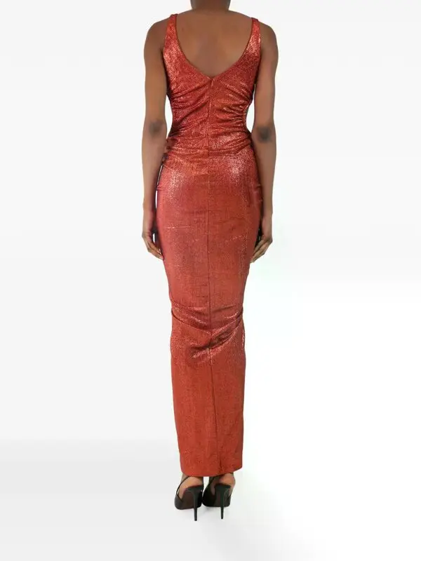 Galvan Orange Glittered Ruched V-neck Dress