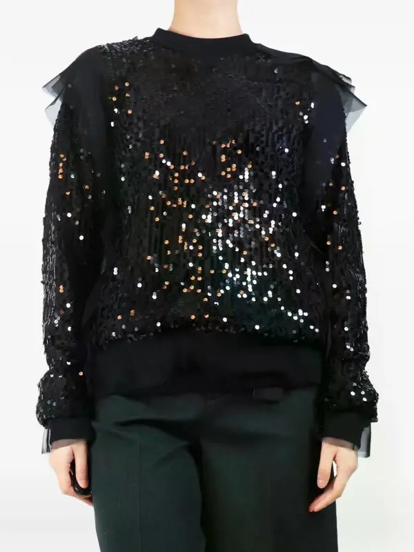 Sacai Sequin Embellishment Ruffled High Neck Long Sleeve Blouse