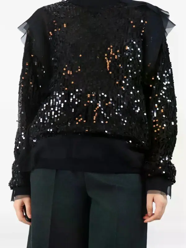 Sacai Sequin Embellishment Ruffled High Neck Long Sleeve Blouse