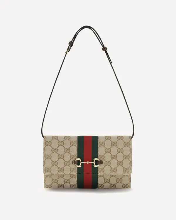 Gucci Horsebit Web Wallet With Shoulder Strap - Brown