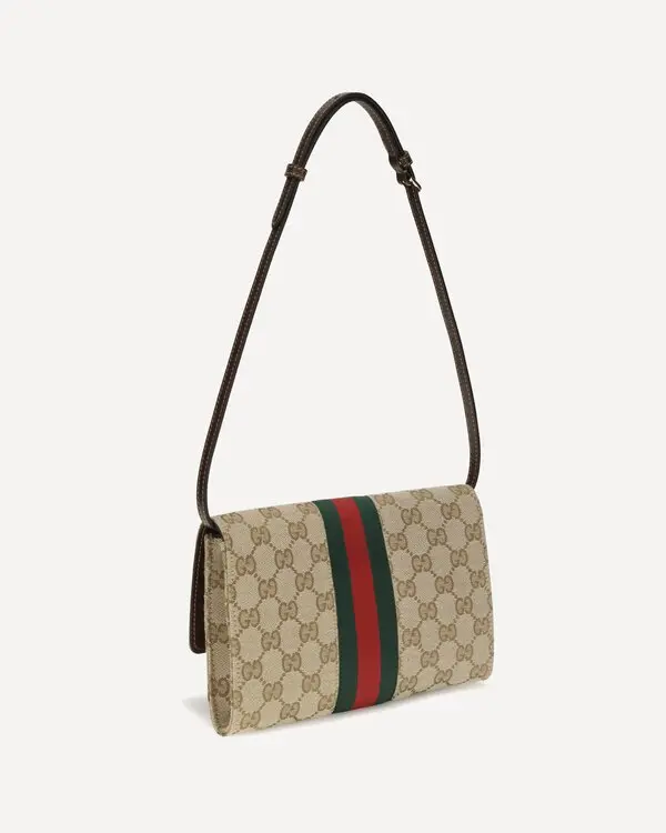 Gucci Horsebit Web Wallet With Shoulder Strap - Brown