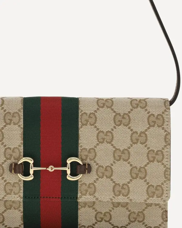 Gucci Horsebit Web Wallet With Shoulder Strap - Brown