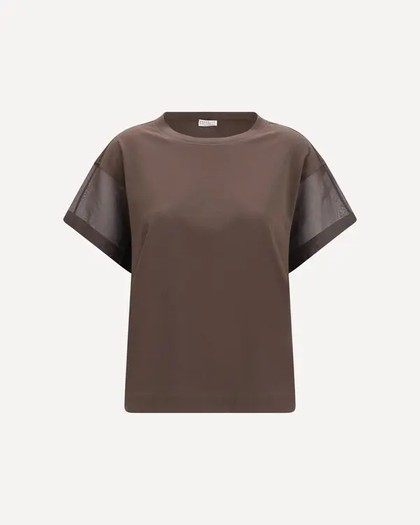 Brunello Cucinelli Cotton T-shirt With Sheer Sleeves And Side Panels - Brown