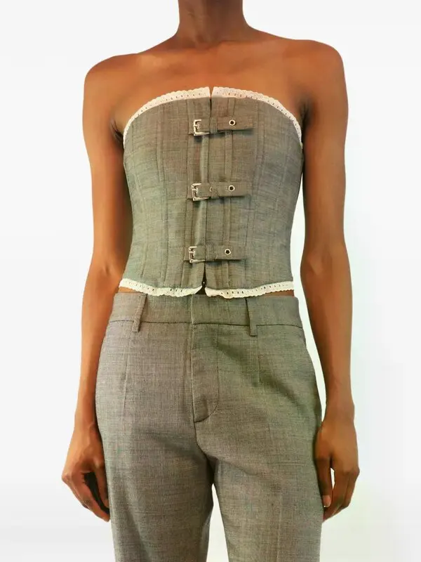 Alessandra Rich Strapless Wool Top With Lace Trim And Buckle Detail - Grey