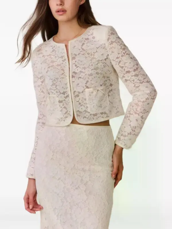 LoveShackFancy Ivory Lace Bow Detail Cropped Jacket
