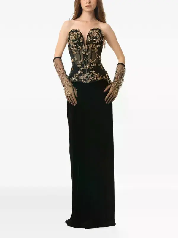 DINA MELWANI Embroidered Corset Maxi Dress