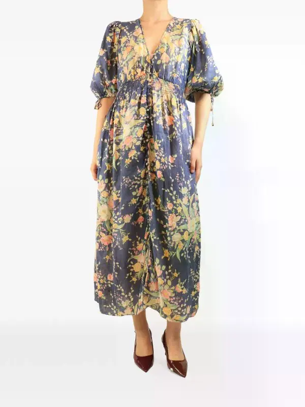 Zimmermann Floral Print Puff Sleeve Midi Dress