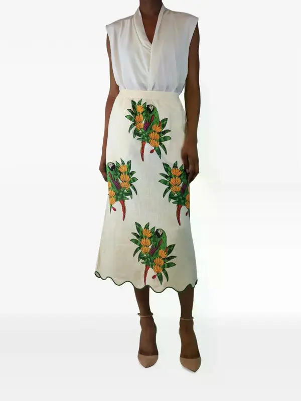 Farm Rio Parrot Print Scalloped Midi Skirt