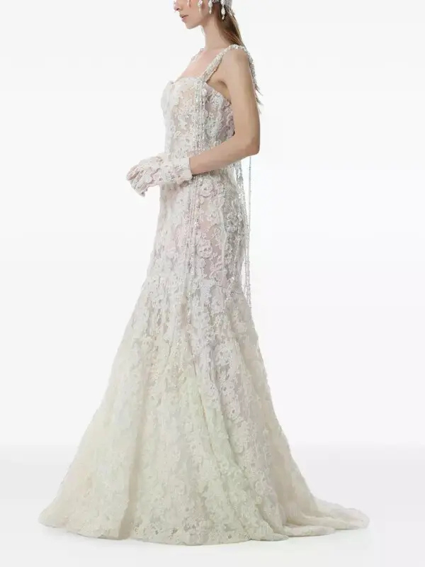 DINA MELWANI Pearl Embellished Lace Maxi Dress