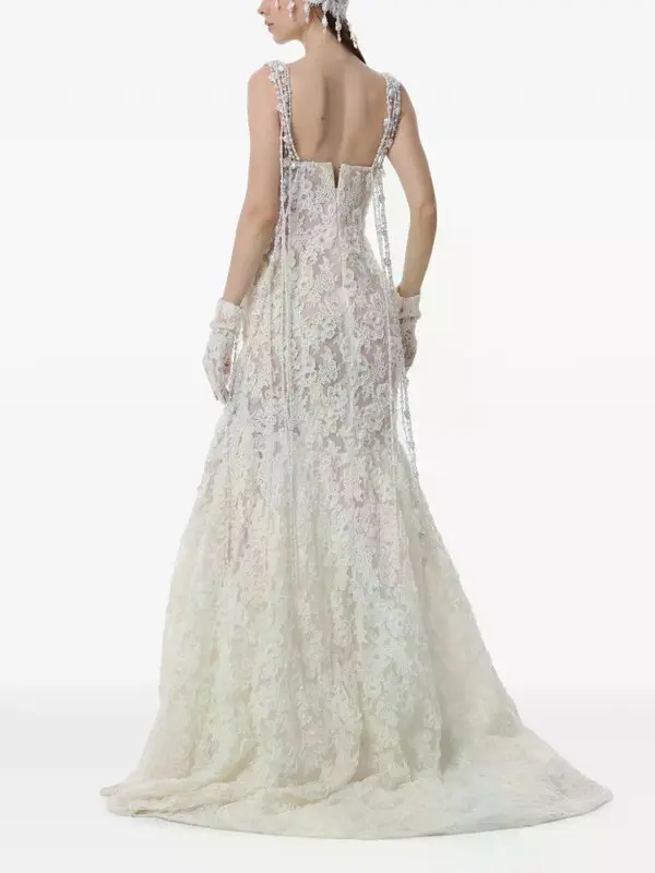 DINA MELWANI Pearl Embellished Lace Maxi Dress