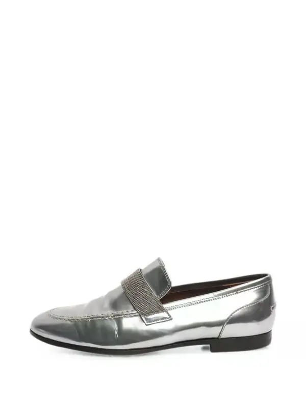 Brunello Cucinelli Metallic-effect Leather Loafers With Chain Strap - Silver