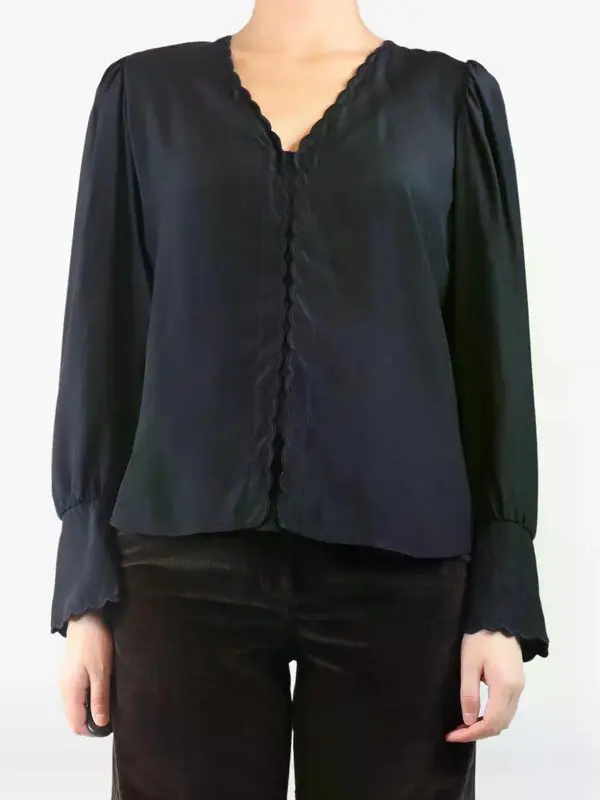 Rebecca Taylor Silk Scalloped Trim V-neck Blouse - Black