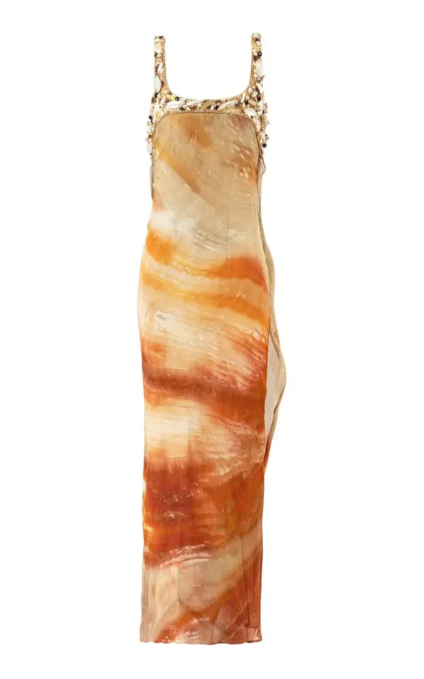 LA FUORI Saffron Sunset Embellished Silk Maxi Dress - Print