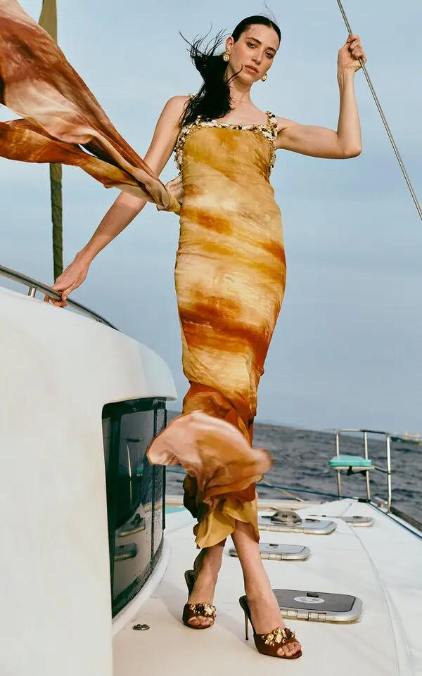 LA FUORI Saffron Sunset Embellished Silk Maxi Dress