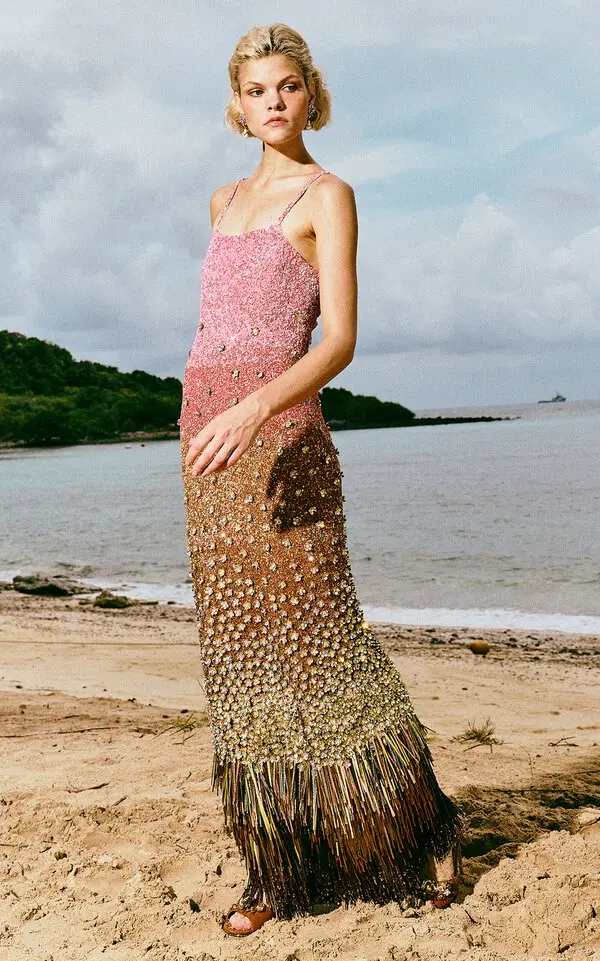 LA FUORI Pink Mirage Fringe Maxi Dress