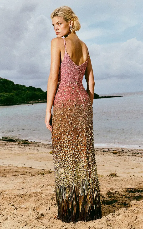 LA FUORI Pink Mirage Fringe Maxi Dress