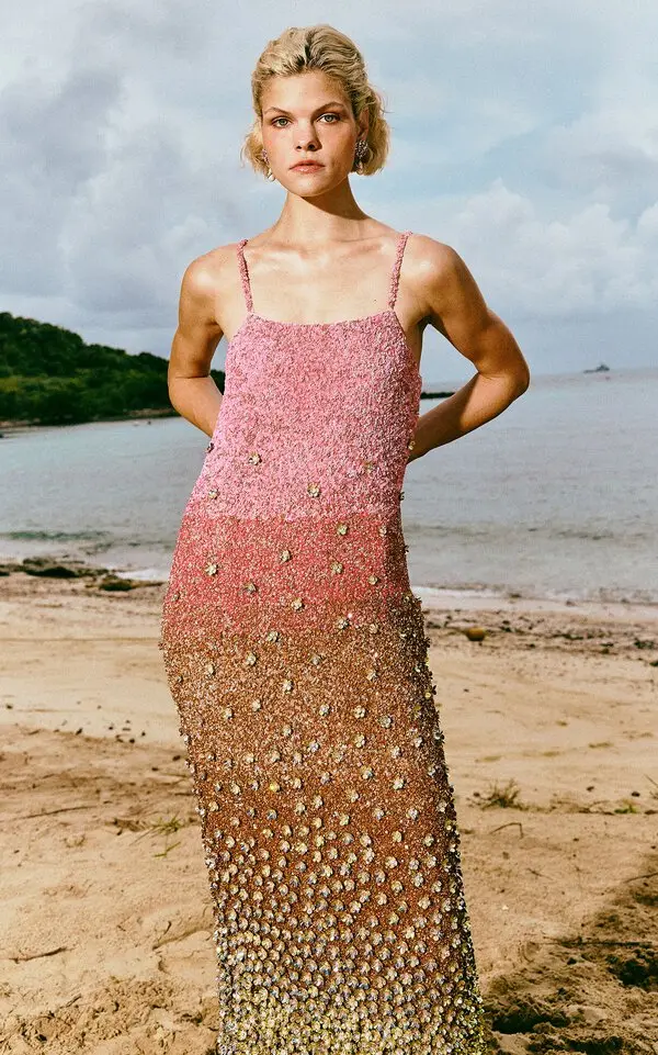 LA FUORI Pink Mirage Fringe Maxi Dress