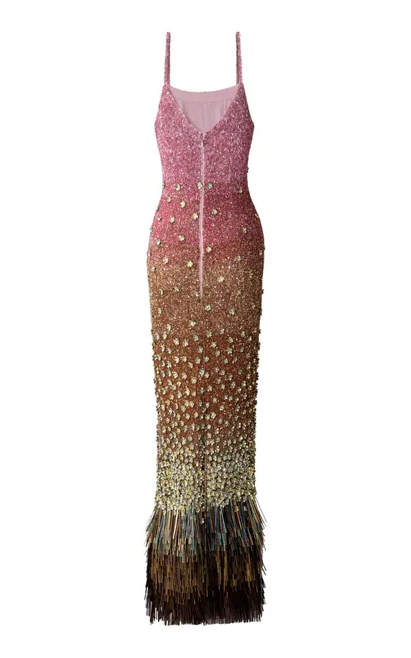 LA FUORI Pink Mirage Fringe Maxi Dress