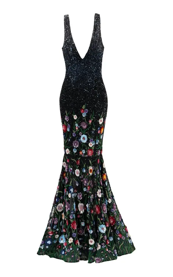 LA FUORI Moonlit Bloom Garden Embellished Gown - Multi