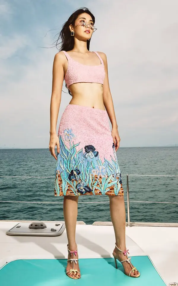 LA FUORI Blush Serenade Embellished Midi Skirt