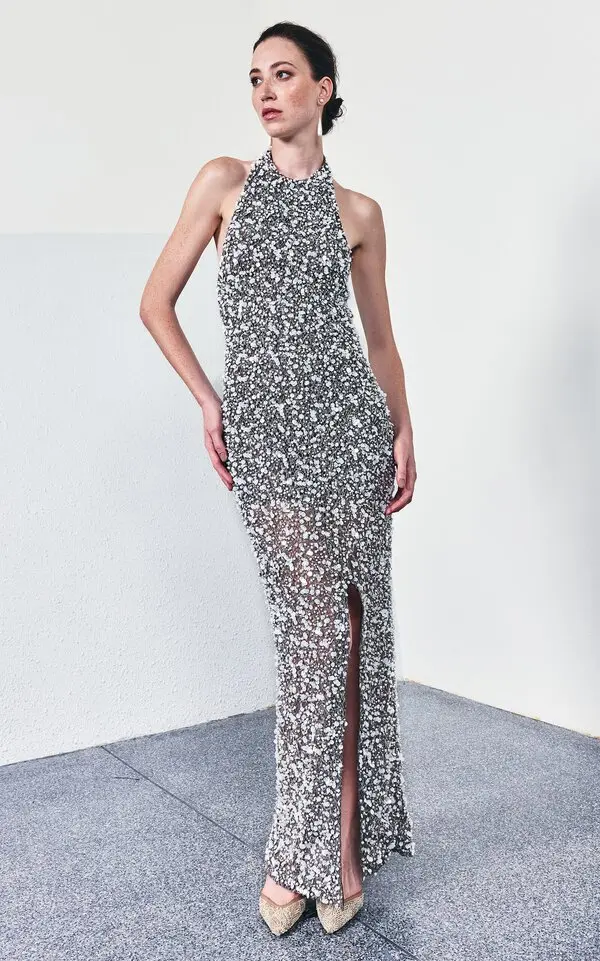 LA FUORI Isolde Embellished Halter Neck Maxi Dress