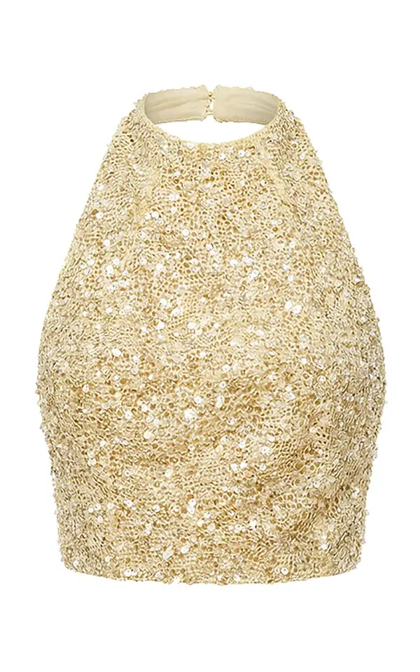 LA FUORI Embellished Halter Neck Top - Nude