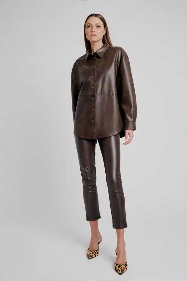 Bardot Jaedon Vegan Leather Shirt - Dark Choco