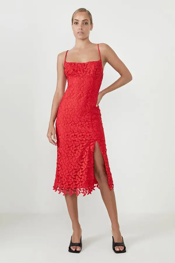 Bardot Ariel Leaf Lace Midi Dress With Side Slit - Lipstick