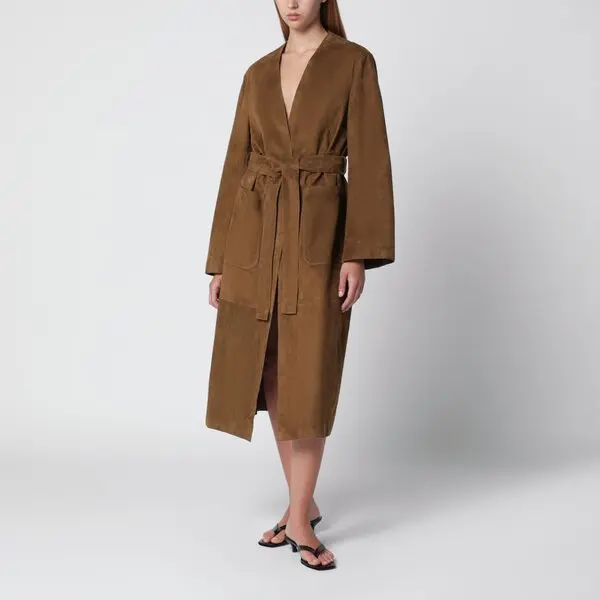 Nour Hammour Suede Leather Belted Coat - Brown