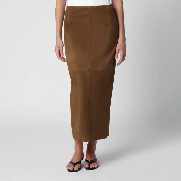 Nour Hammour Suede Maxi Skirt With Back Zip And Rear Slit - Brown
