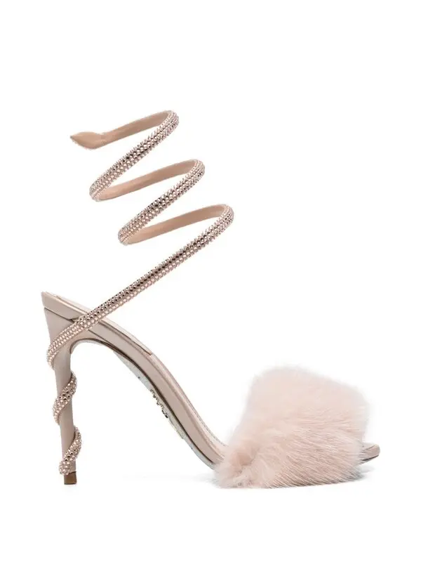 Rene Caovilla Crystal Embellished Fur Sandals - Multicolor