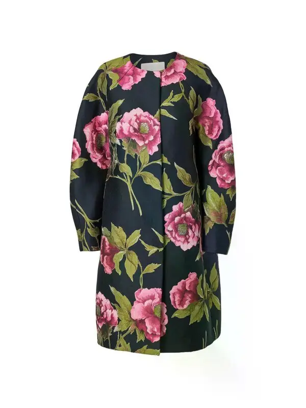 Carolina Herrera Peony Jacquard Cocoon Coat - Blue