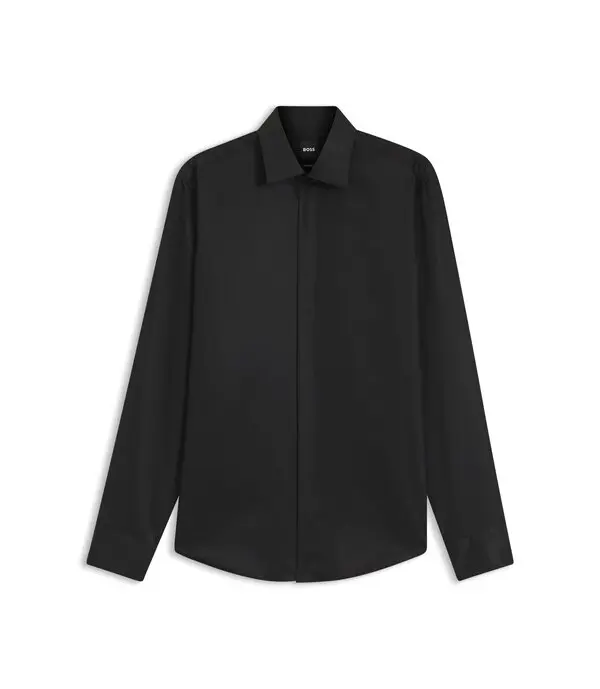 BOSS Regular-fit Dress Shirt In Satin-finish Linen - Black
