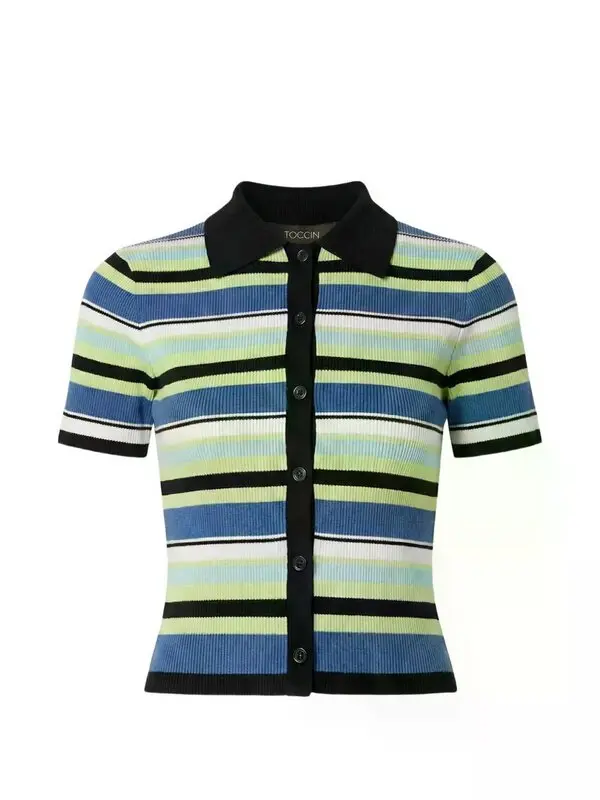 TOCCIN Shae Striped Ribbed-knit Polo Shirt - Blue